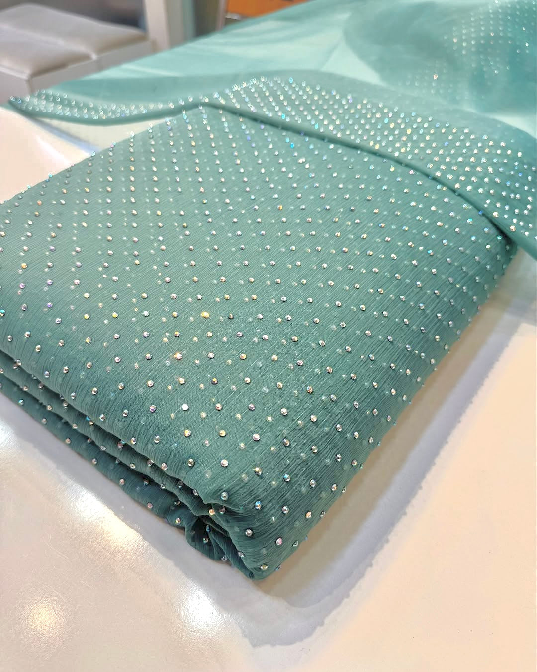 Chiffon Crystal Work unstich Dress(mint) – Razvi Premium
